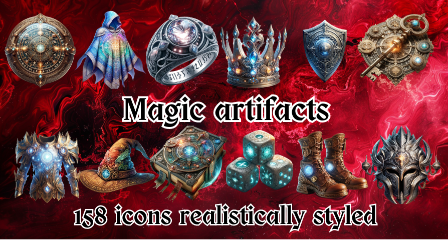 158 Magic Relics Icons - Collection on a transparent background in 2D ...