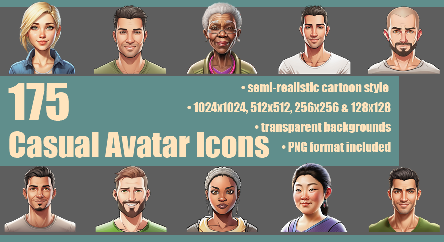 175 Casual Avatar Icons - semi-realistic comic style w/ transparent ...