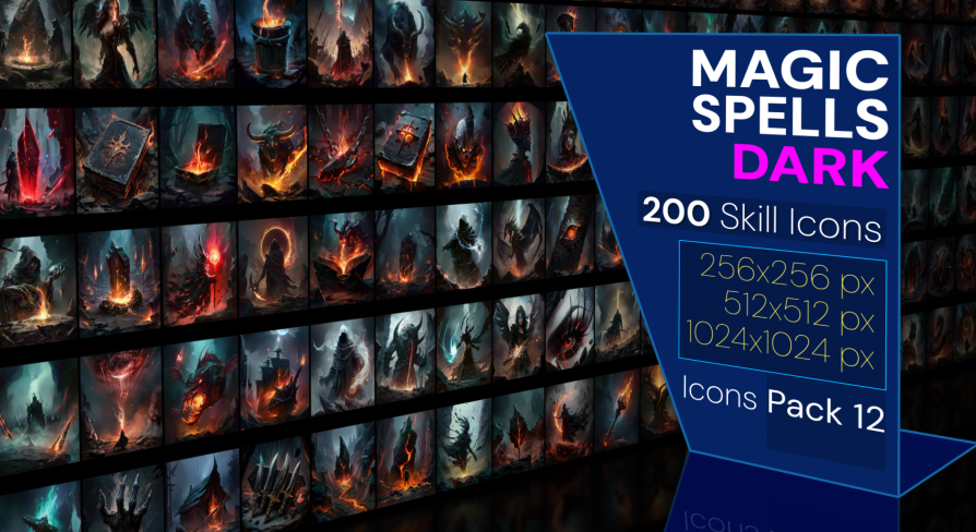 200 Magic Spell Icons Pack 12 - Dark：2Dアセット - UE マーケットプレイス