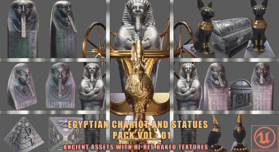 Egyptian Chariot and Statues Pack Ancient Assets with Hi-Res Baked ...