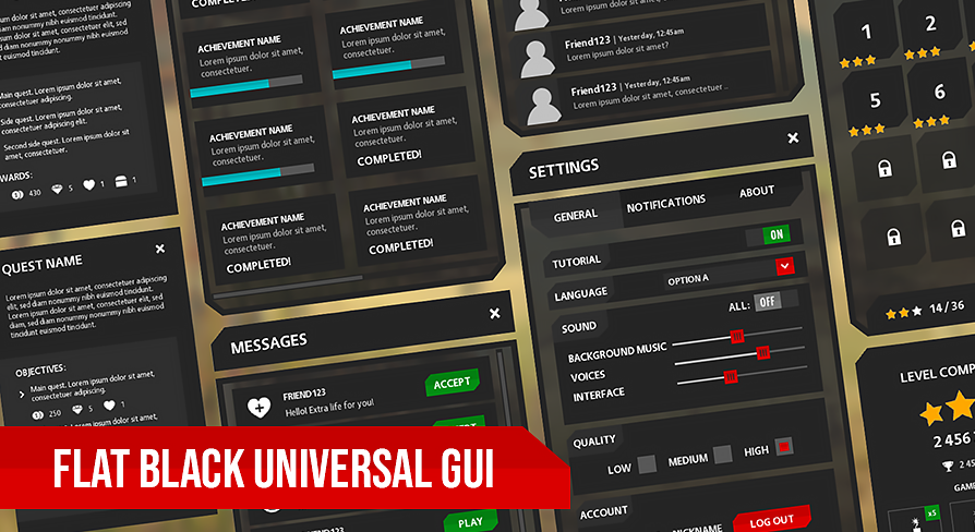 Flat Black Universal GUI / UI Kit + 474 PNG files + PSD / AI source ...
