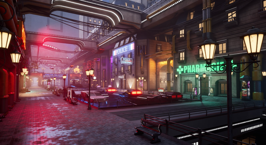 在环境创建的Futurist Paris Modular City - 虚幻引擎商城