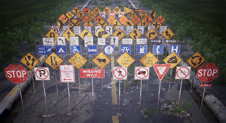 在道具创建的U.S. Road Signs Package / 120+ Assets - 虚幻引擎商城