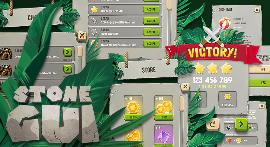 Stone & Jungle GUI / UI Kit , 152 icons, for HD and 4K screens, PSD/AI ...