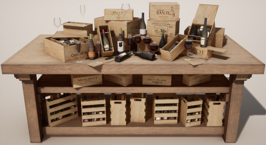 Wine bottles, glass and crates in Props - UE Marketplace