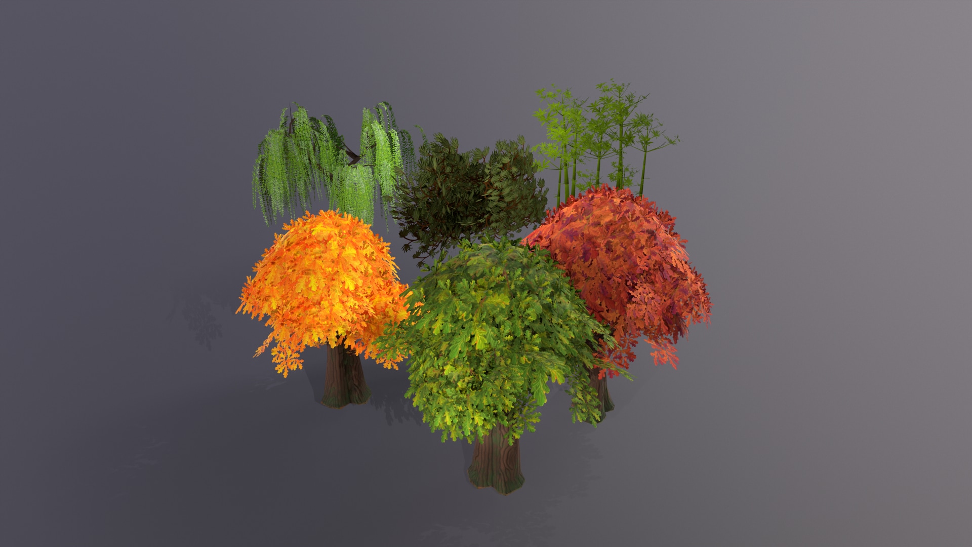 Stylized Hand-Painted Foliage Trees: oak, bamboo, willow, ivy, reeds ...