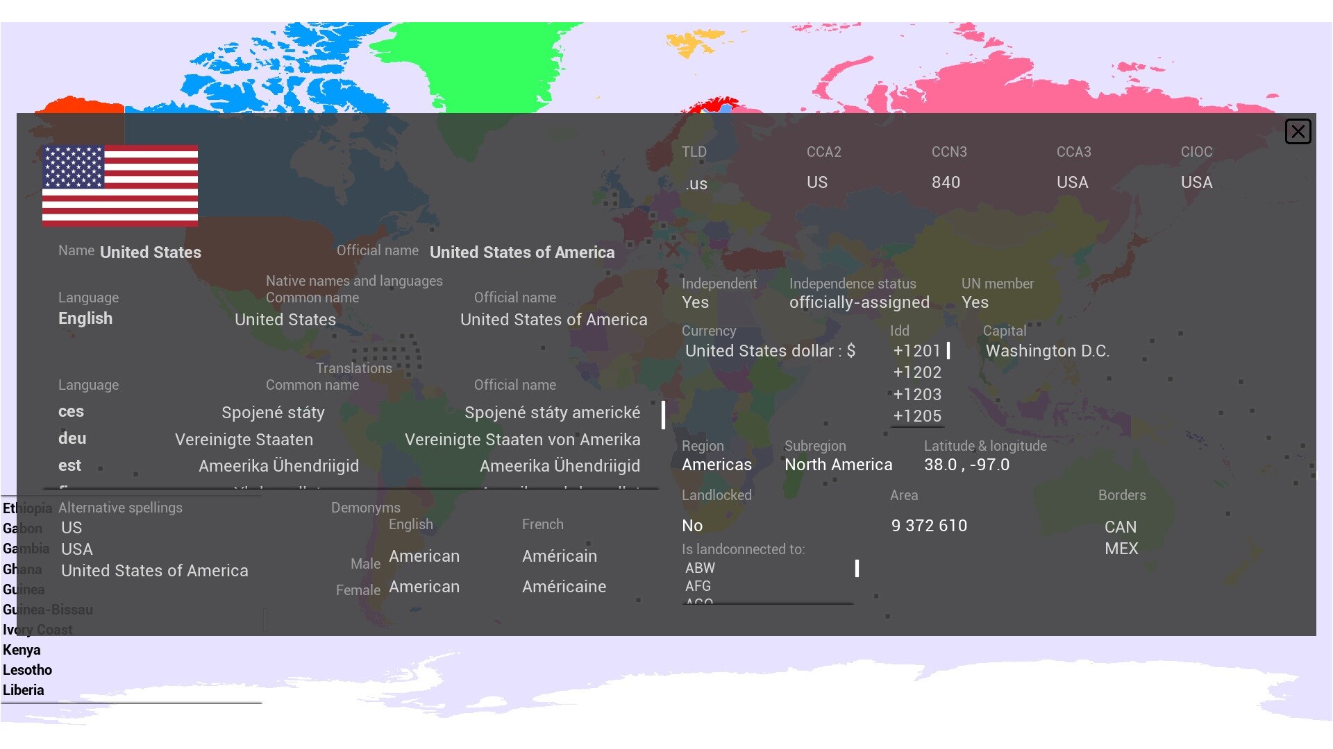 World map, flags and country datatable for 250 countries + custom ...