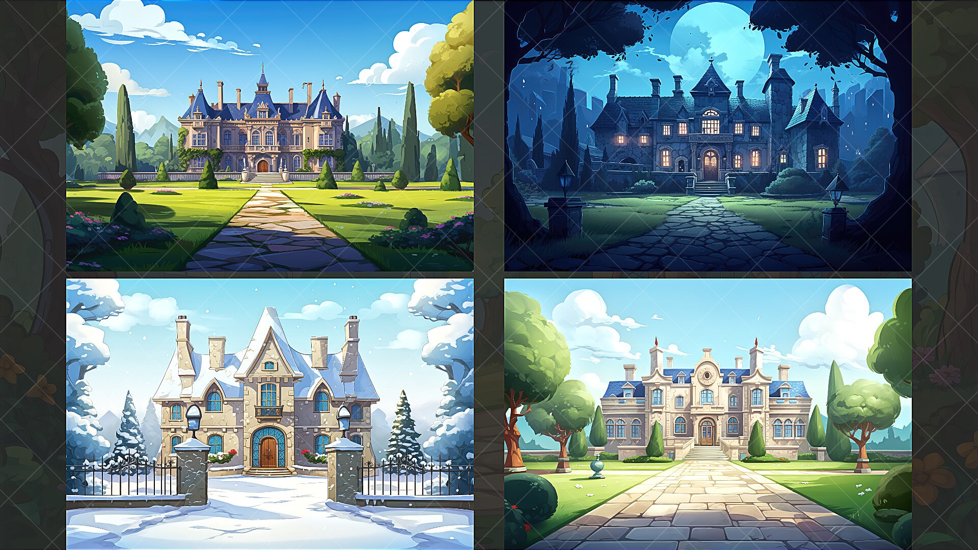 在二维资源创建的BACKGROUND - Stylized Mansion Exterior 1 - 虚幻引擎商城