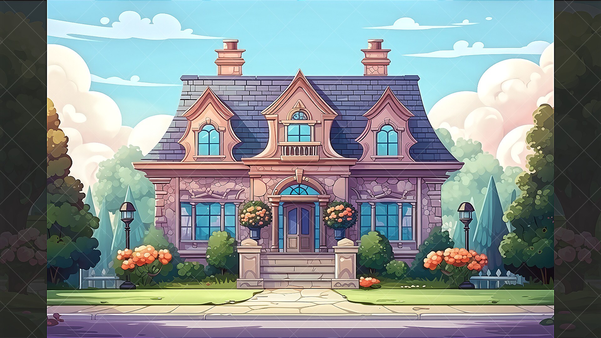 在二维资源创建的BACKGROUND - Stylized Mansion Exterior 1 - 虚幻引擎商城