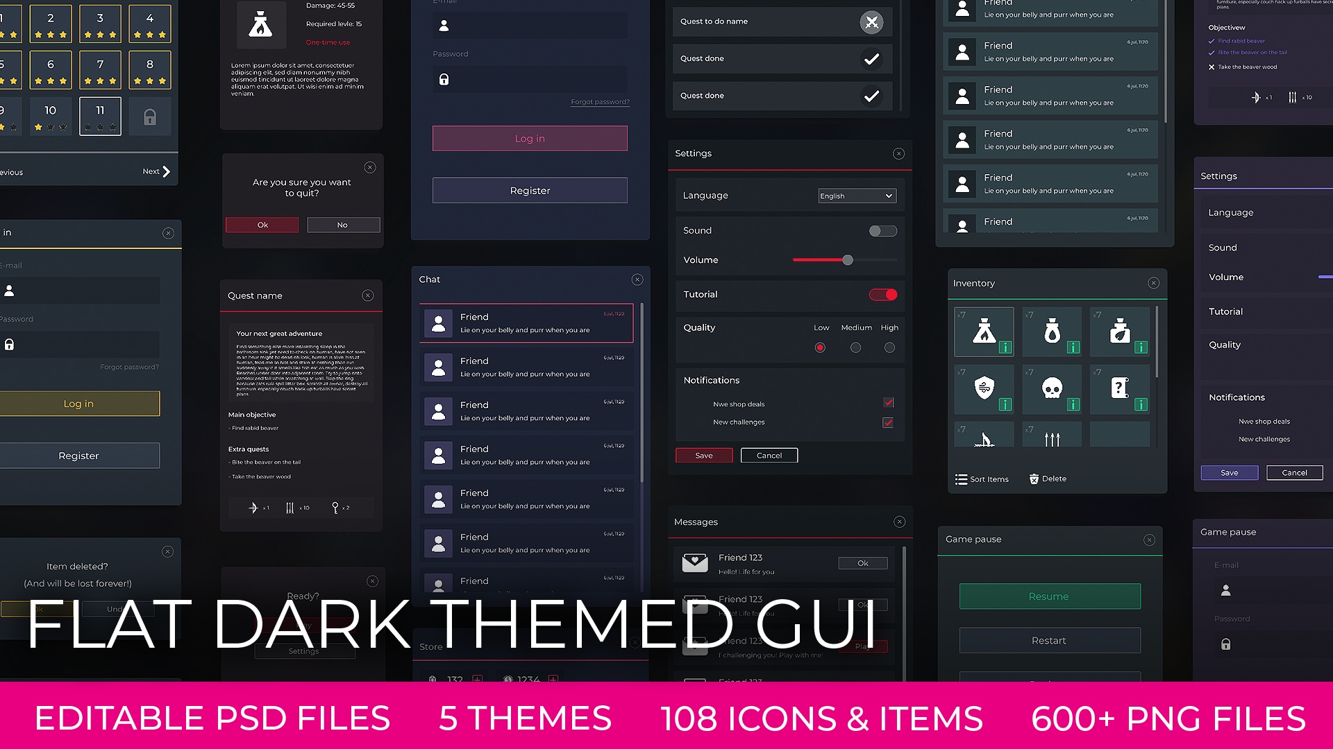 Flat Dark Gui Ui Kit 5 Color Themes Asset Cloud