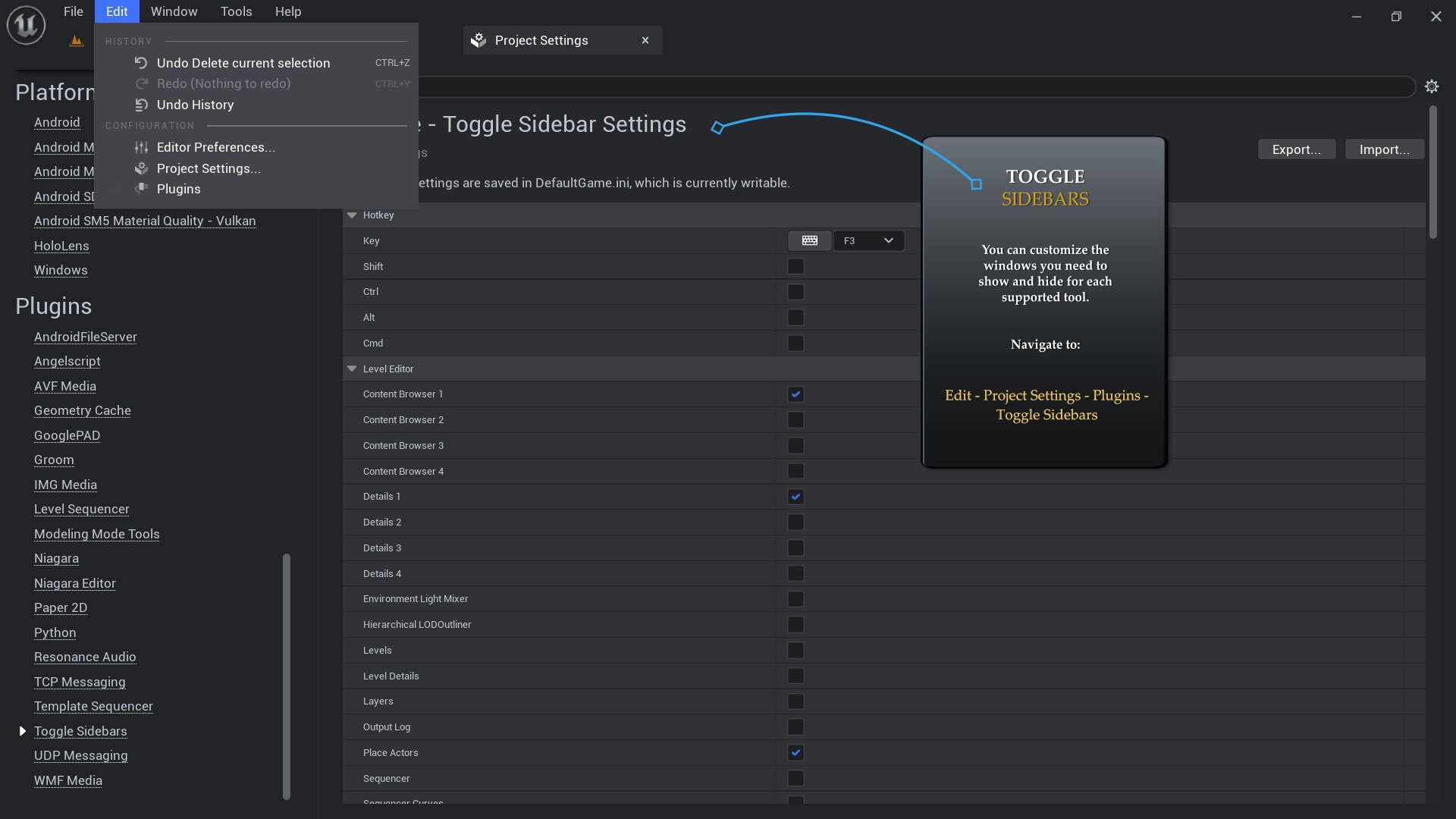 Toggle Sidebars in Code Plugins - UE Marketplace